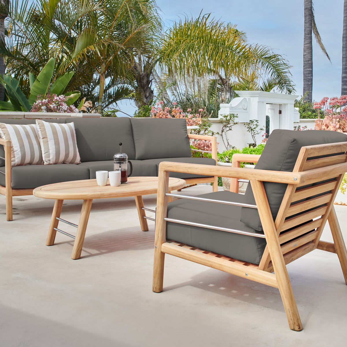 HiTeak Aalto 4-Piece Teak Charcoal Outdoor Patio Deep Seating Set with ...
