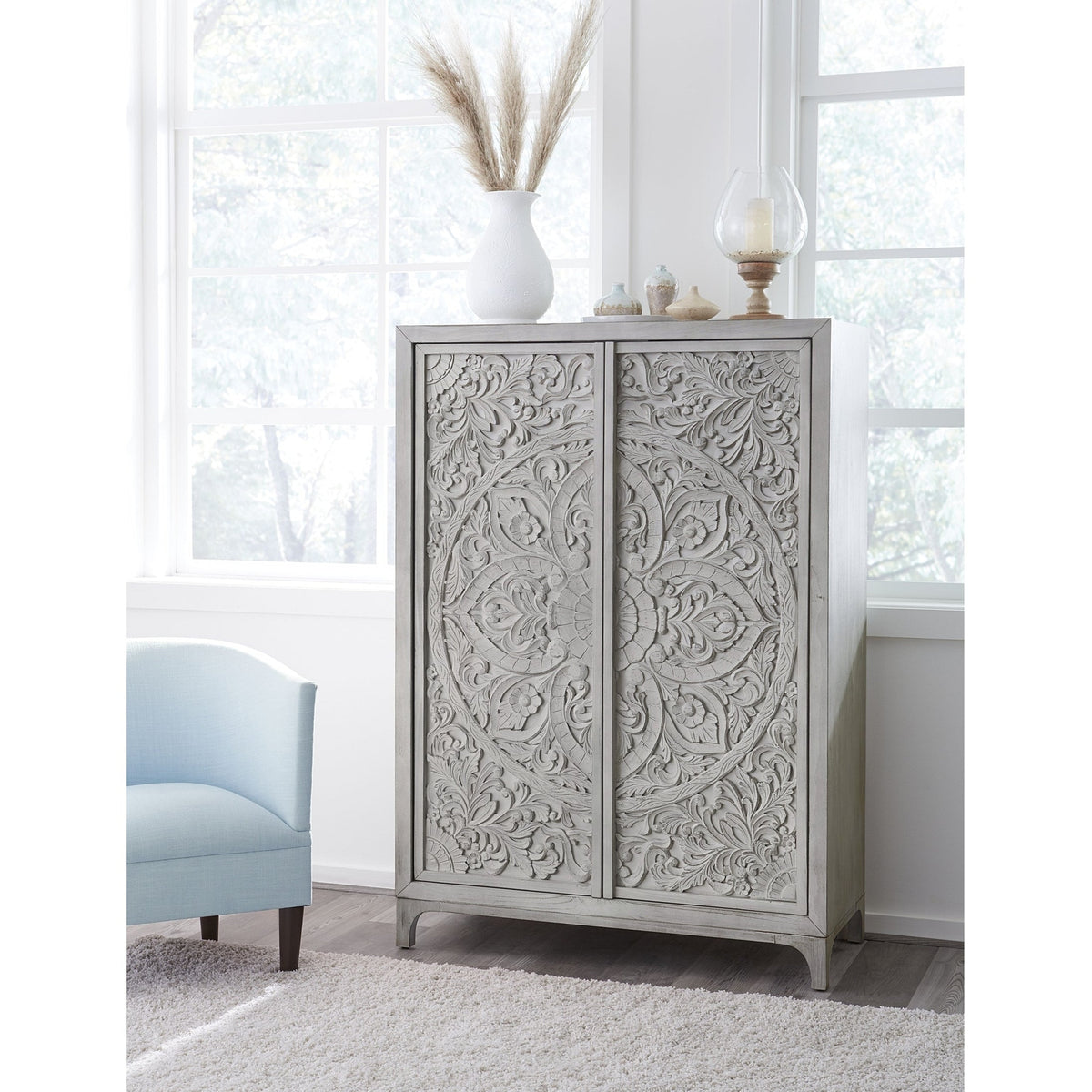 Modus Furniture Boho Chic Wardrobe Chest in Washed White | Ornate Home