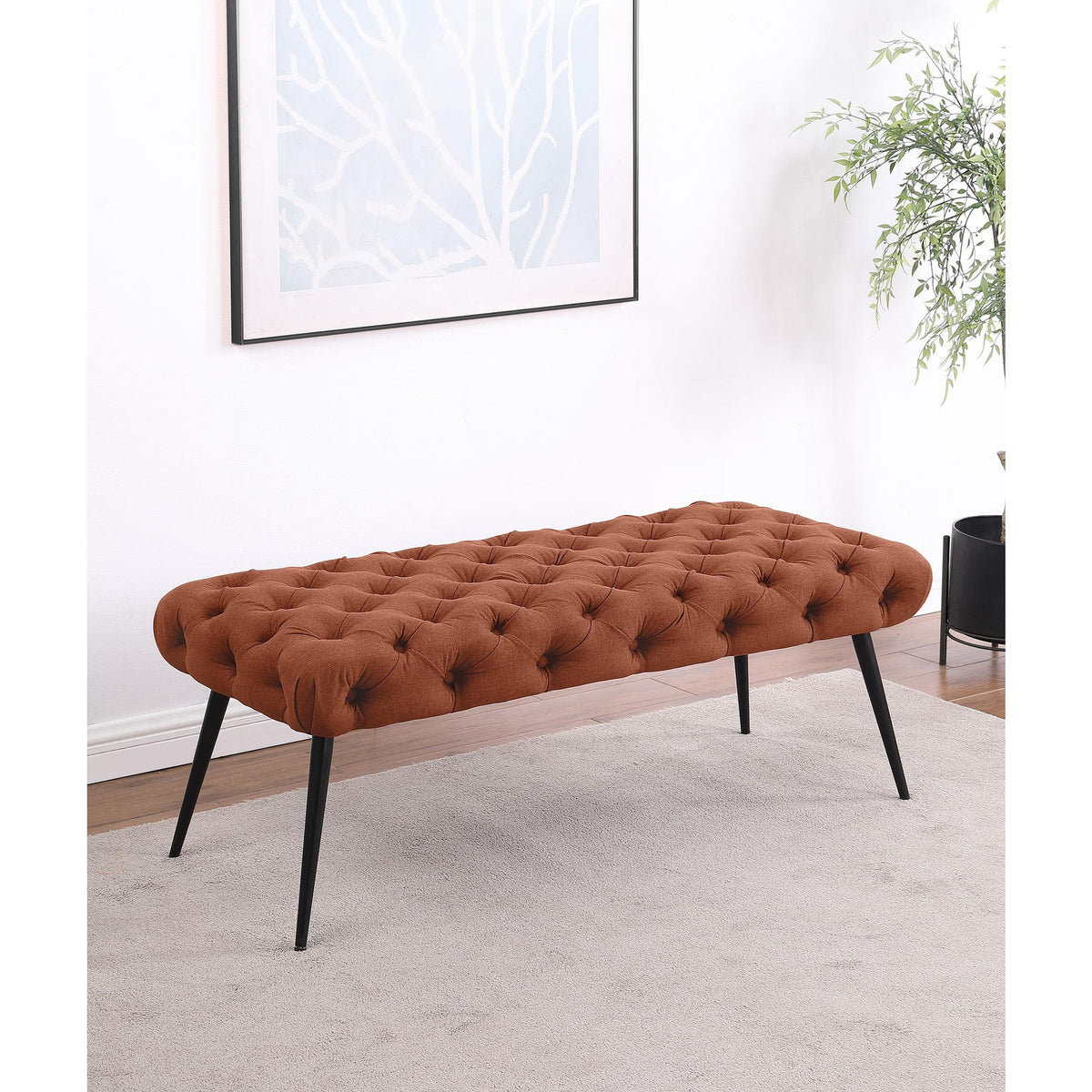 Coaster Ella Rust Upholstered Tufted Bench Metal Legs | Ornate Home