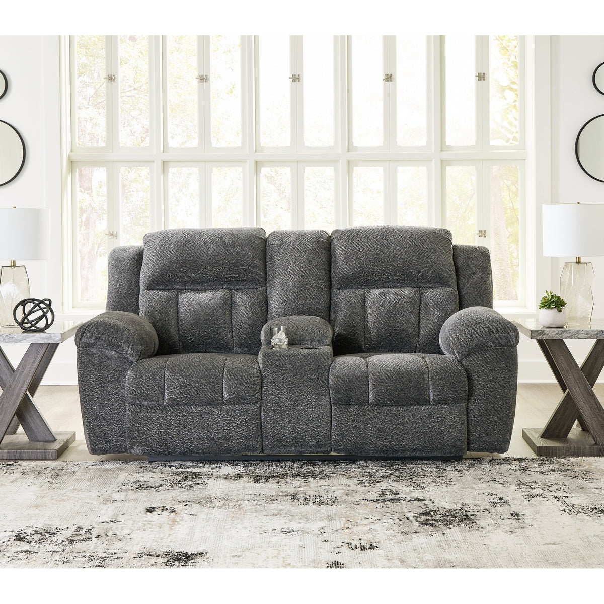 Ashley Furniture Frohn Graphite Reclining Loveseat w/Console | Ornate Home