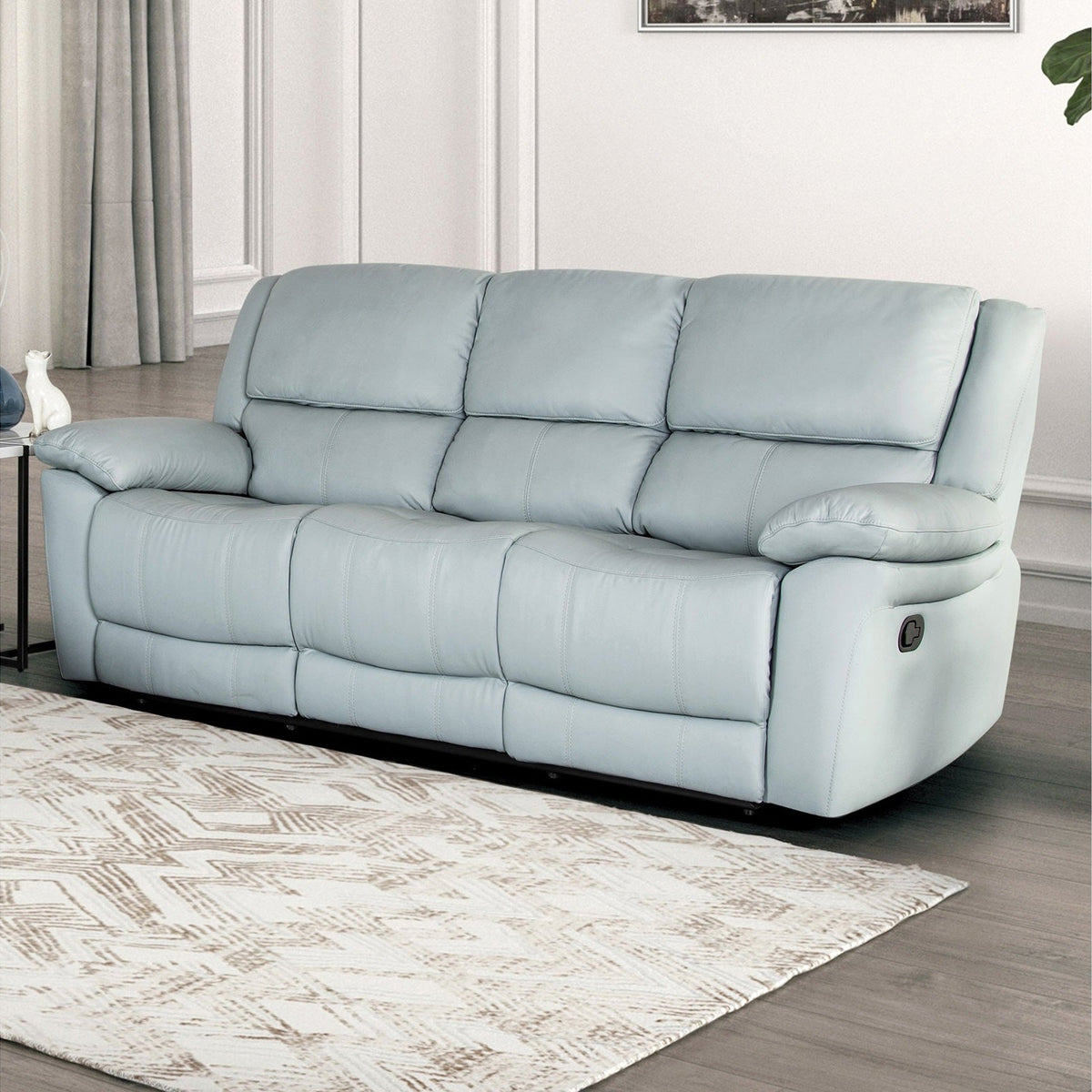 Furniture of America Glarus Powder Blue Leather Match Reclining Sofa ...