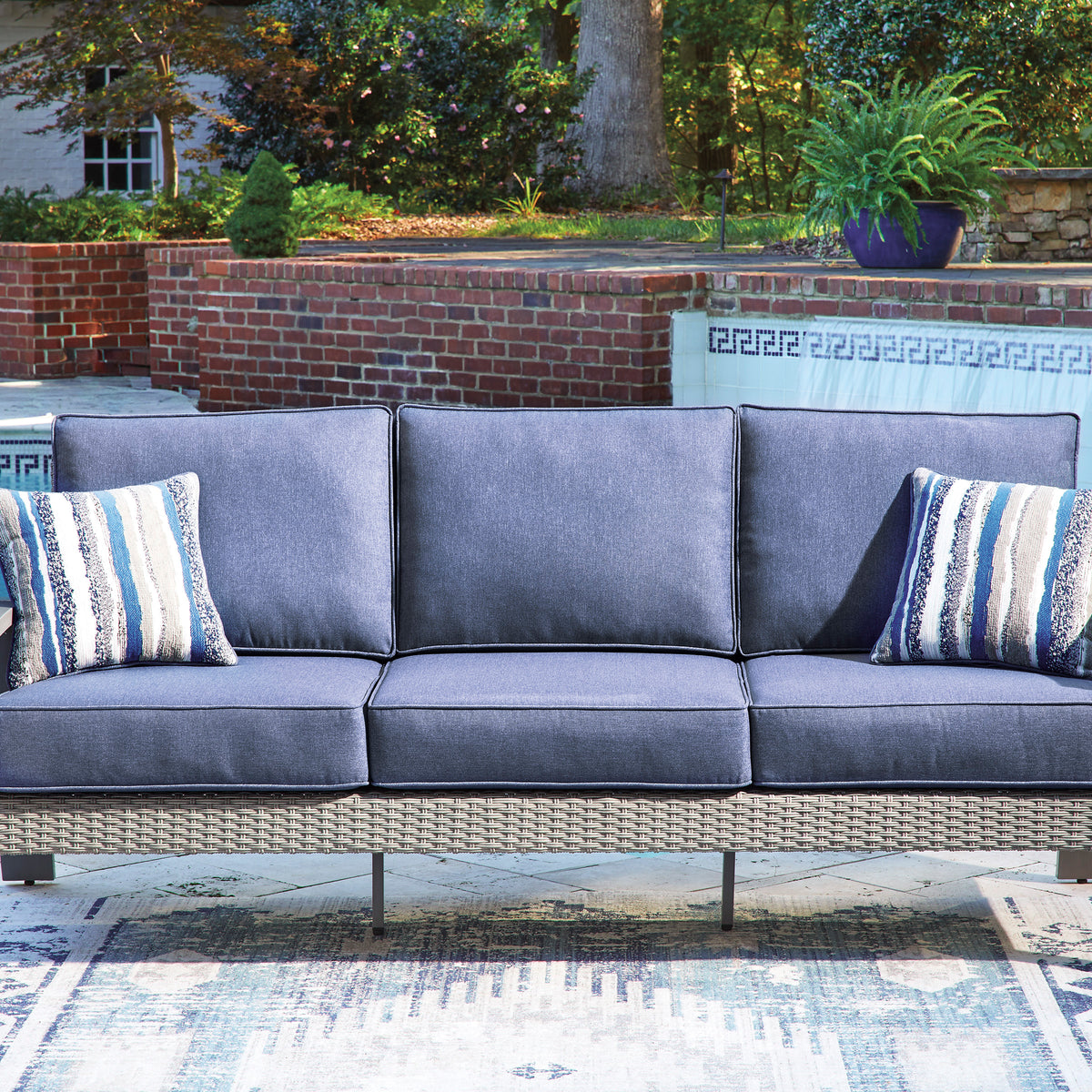Ashley Furniture Half Moon Beach Blue/Gray Sofa with Cushion | Ornate Home