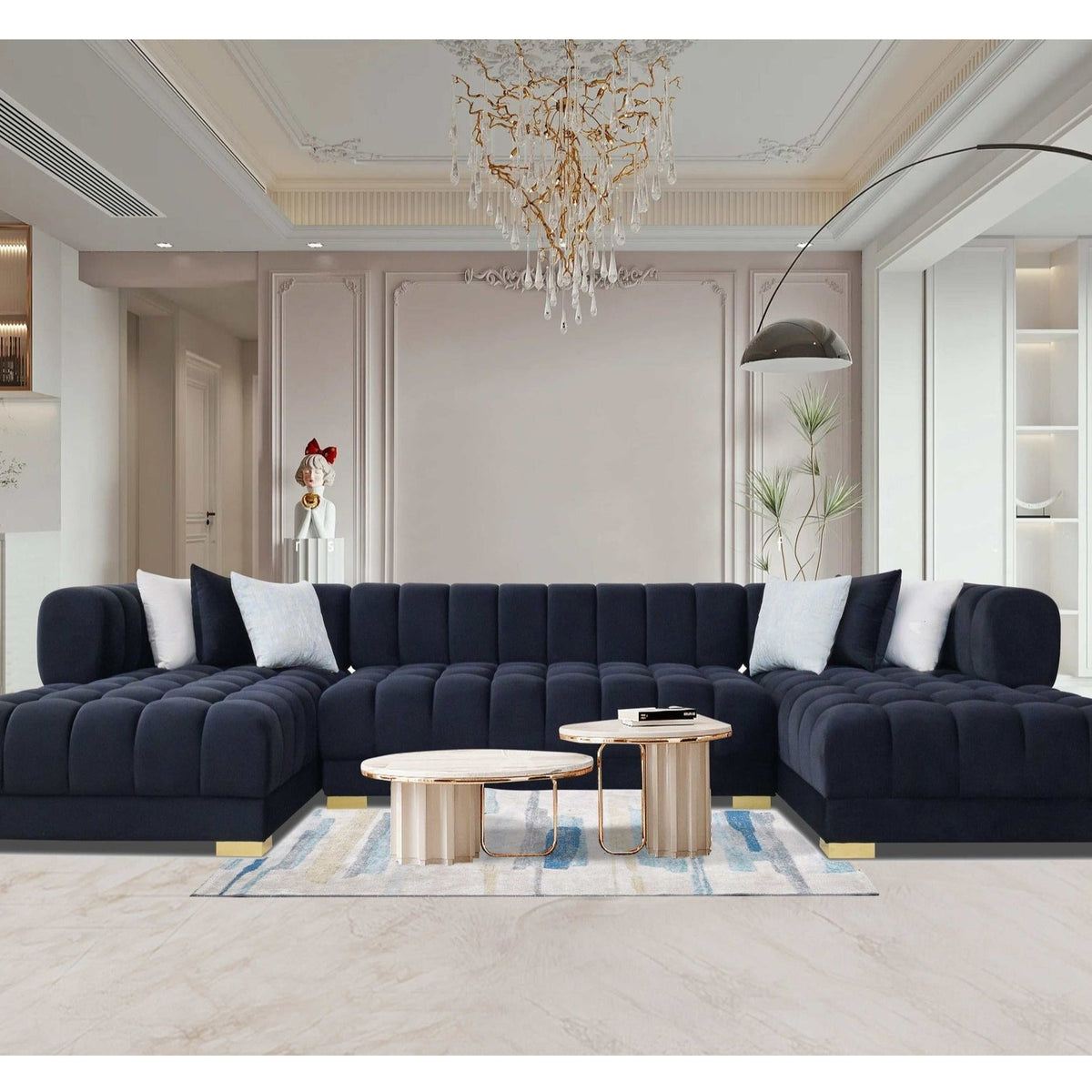 Viva Furniture Lipa Black Velvet Double Chaise "U" Shape Sectional Sofa ...