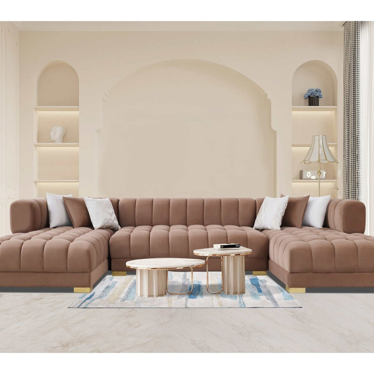 Viva Furniture Lipa Mocha Velvet Double Chaise "U" Shape Sectional Sofa ...