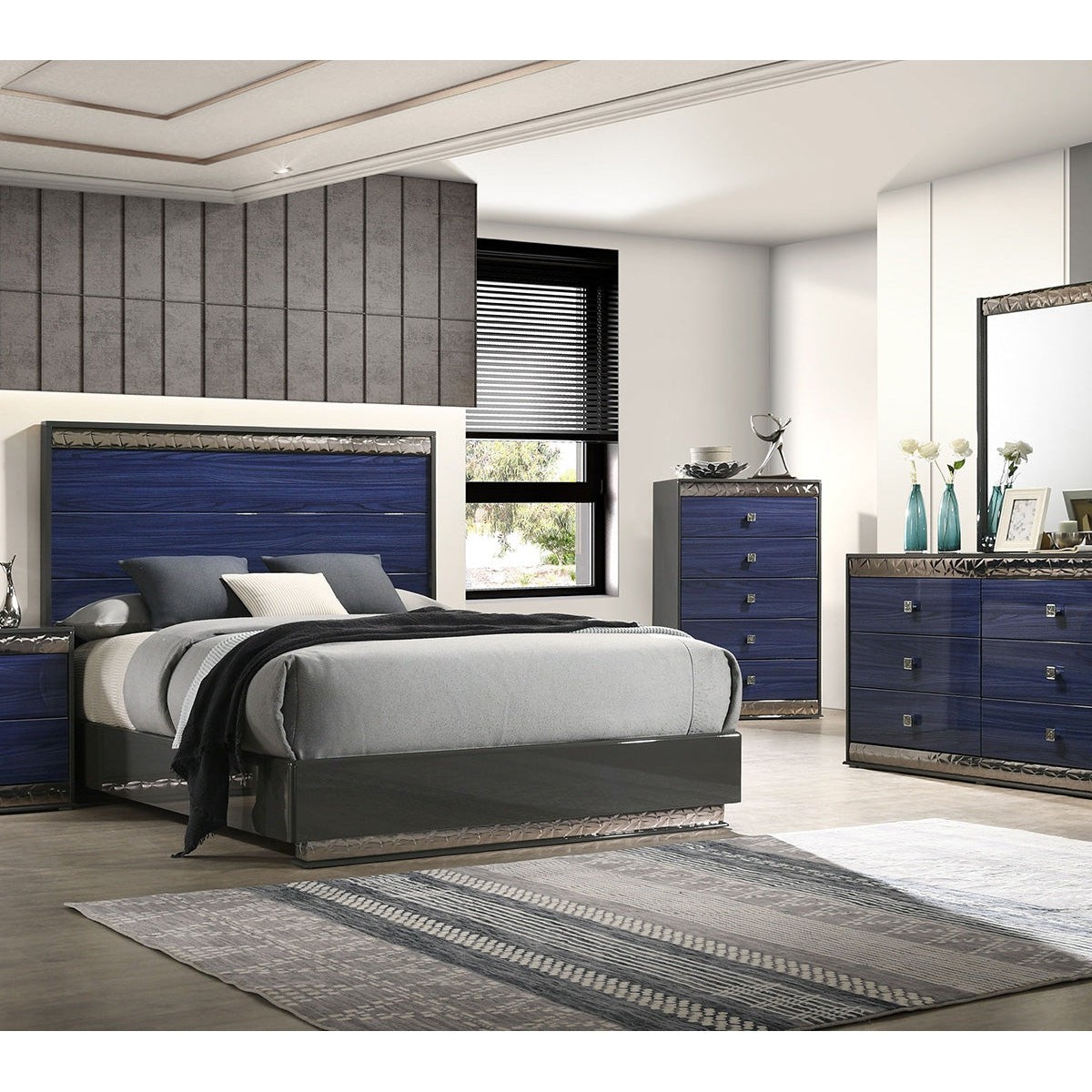 Furniture of America Morcote Ash Gray/Indigo Blue Queen 5 Piece Bedroom ...