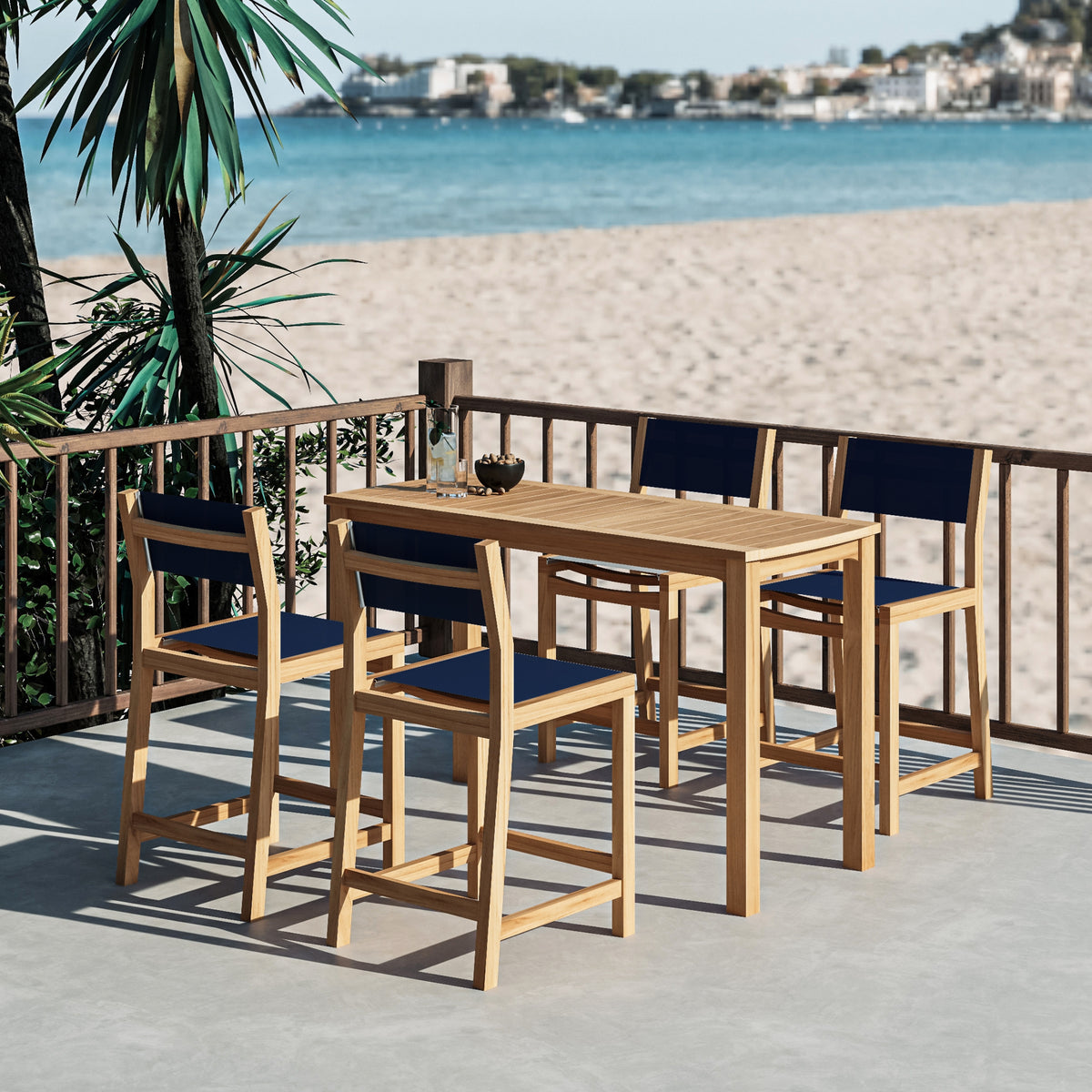 HiTeak Pearl 5-Piece Rectangular Teak Blue Outdoor Counter Height ...
