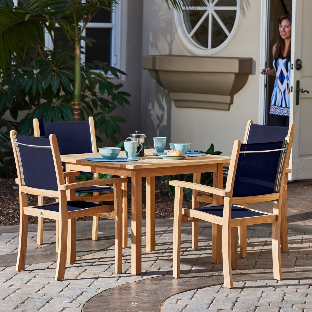 HiTeak Pearl 5-Piece Square Teak Blue Outdoor Dining Set with Stacking ...