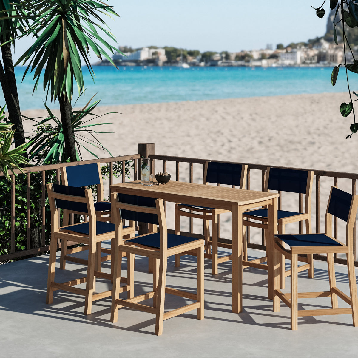 HiTeak Pearl 7-Piece Rectangular Teak Blue Outdoor Counter Height ...