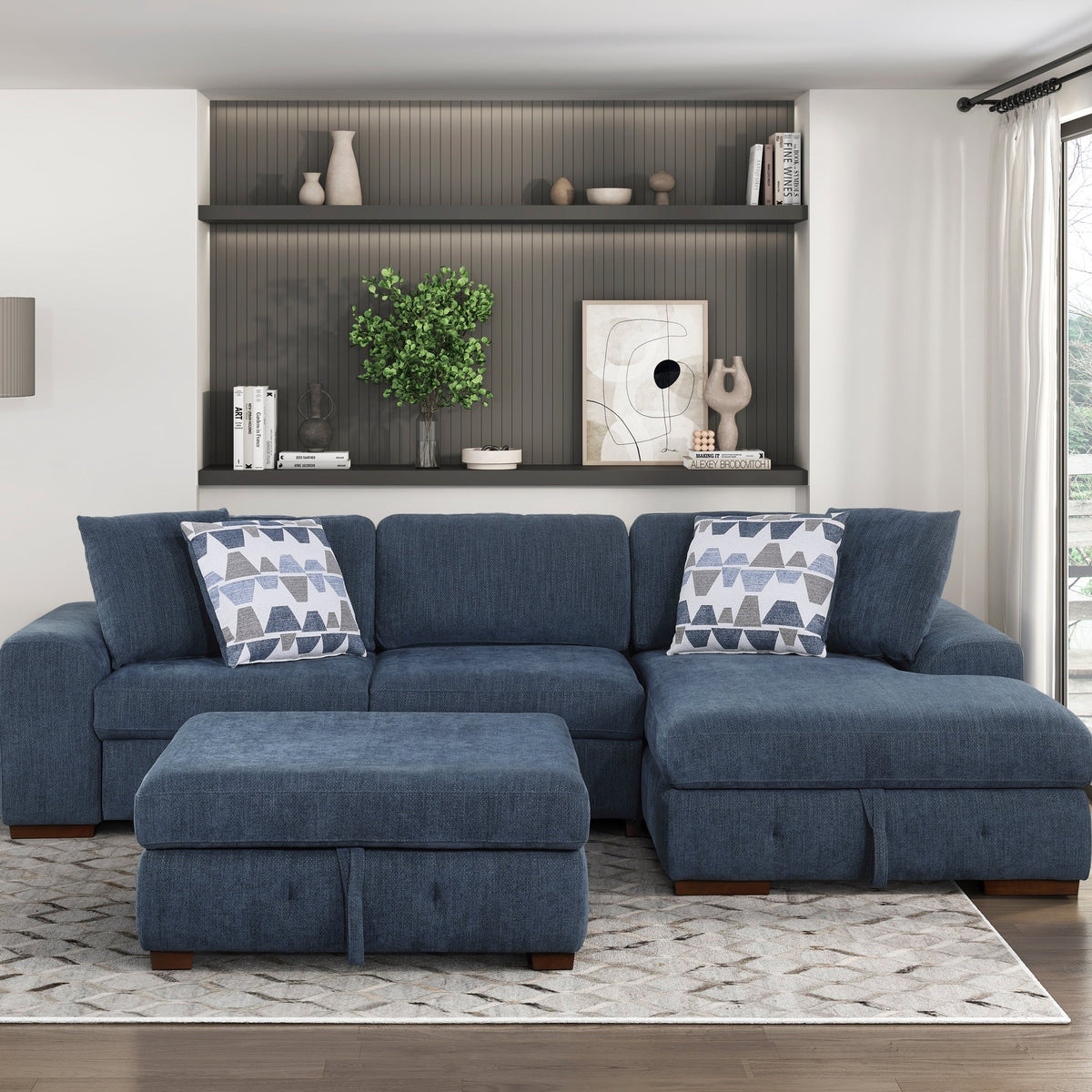 Homelegance Raife Blue 3-Piece Sectional with Right Chaise And Ottoman ...