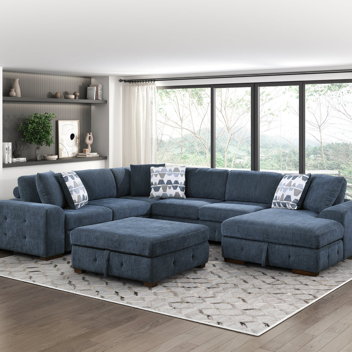 Homelegance Raife Blue 5-Piece Sectional with Right Chaise & Storage ...