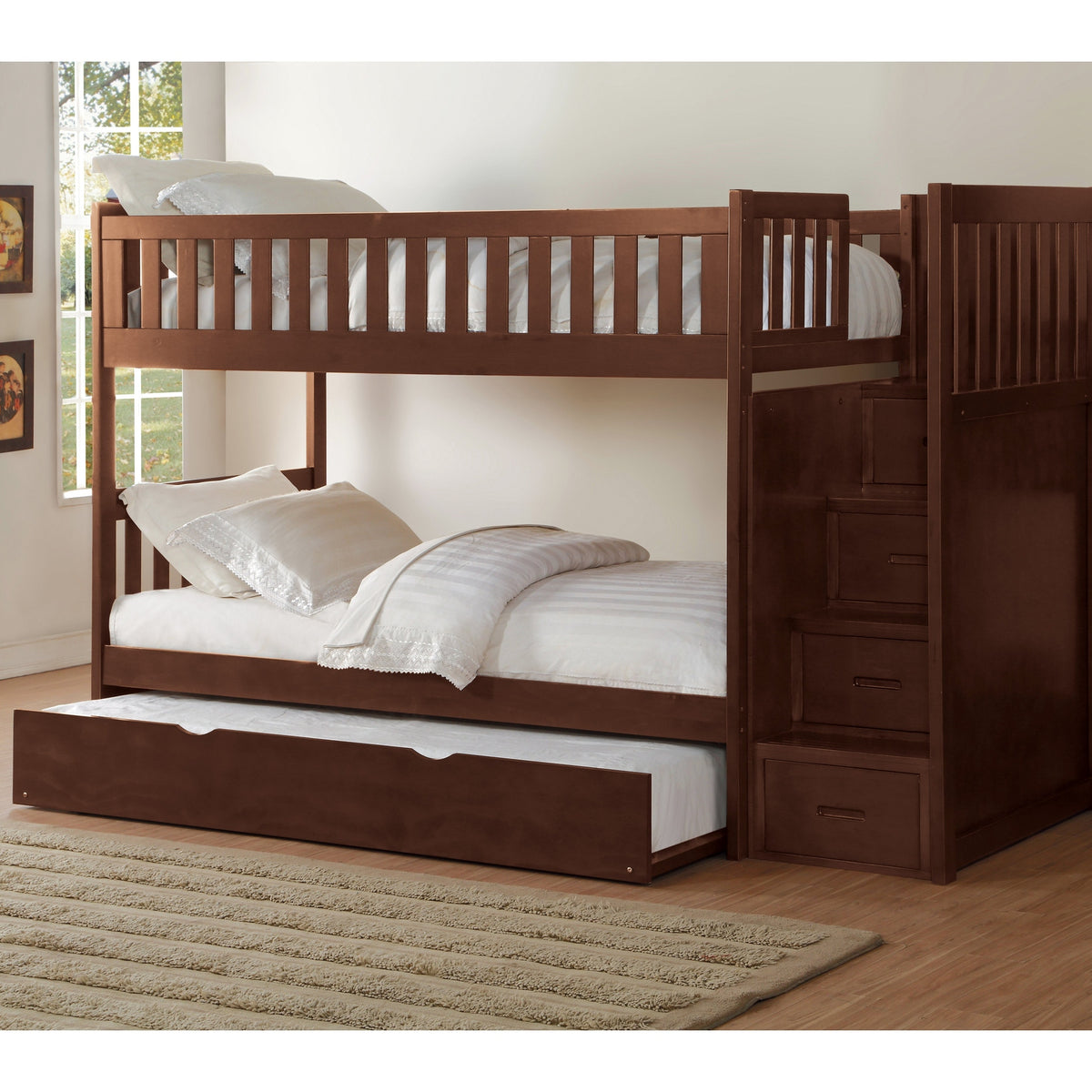 Homelegance Rowe Dark Cherry Twin/Twin Step Bunk Bed with Twin Trundle ...