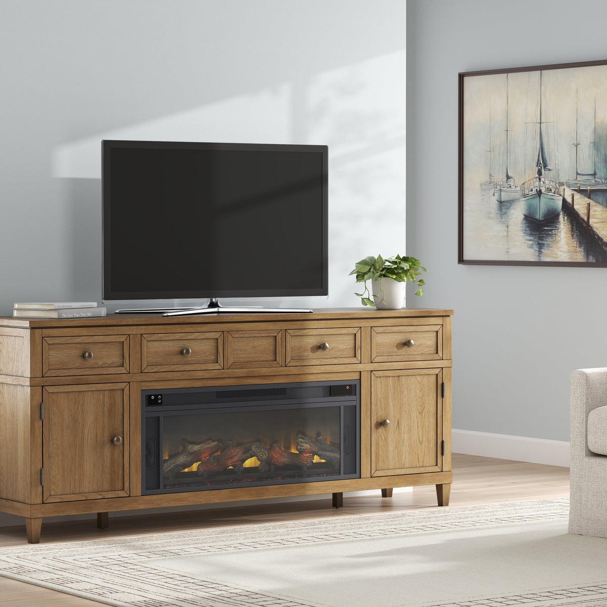 Ashley Furniture Sharlance Light Brown 81" TV Stand with Electric ...