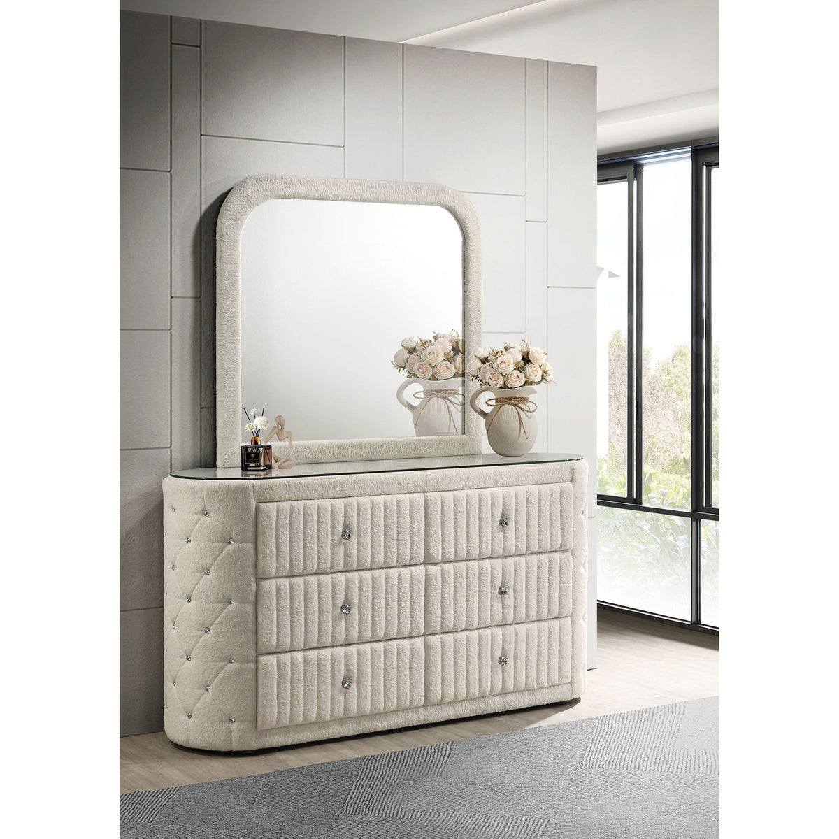 Coaster Sonya Ivory 6-drawer Upholstered Bedroom Dresser with Mirror ...