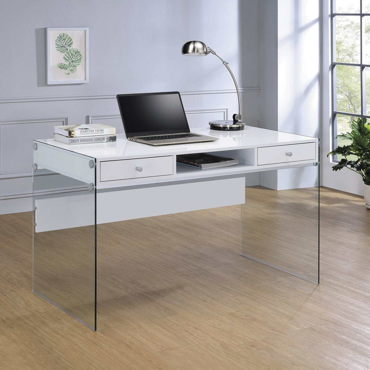 Coaster Dobrev Glossy White & Clear 2 Drawer Writing Desk | Ornate Home