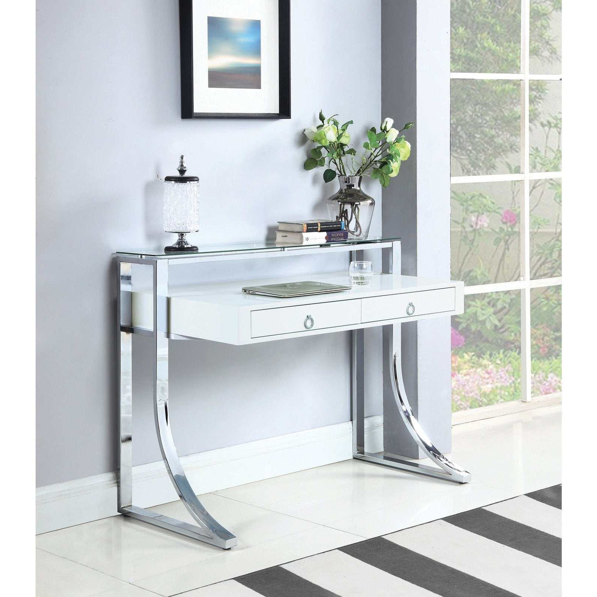 Gemma Glossy White & Chrome 2 Drawer Writing Desk | Ornate Home
